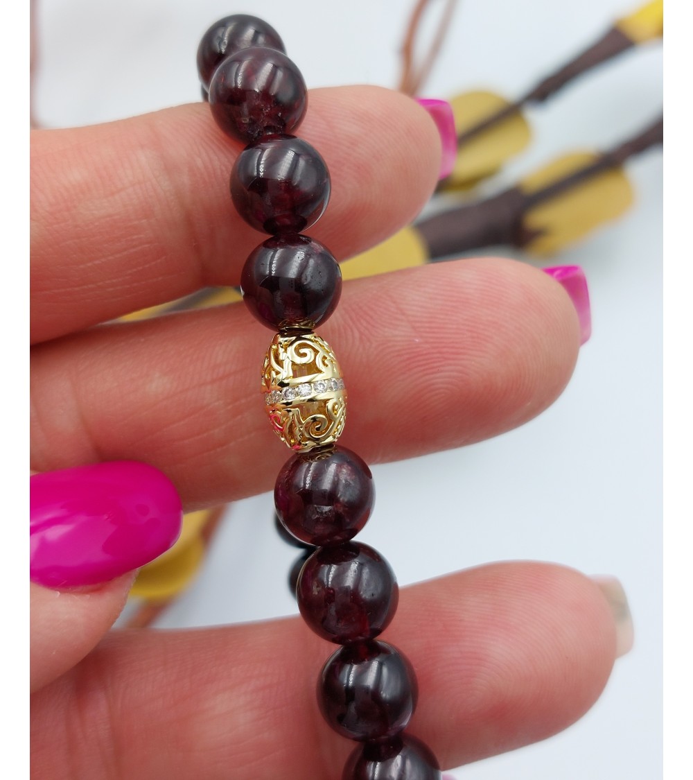 Bracelet en pierre naturel grenat rouge et perle plaqué or