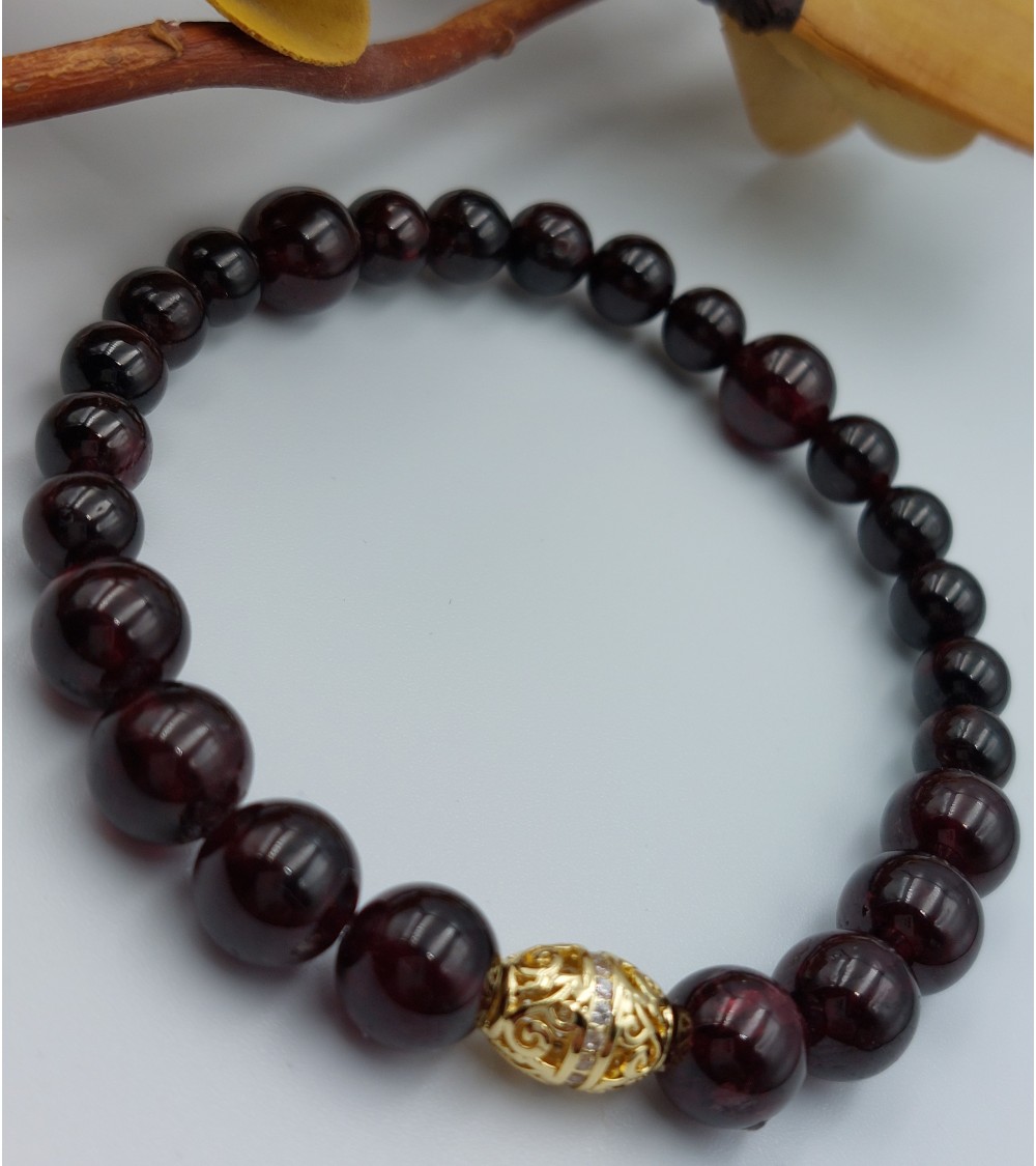 Bracelet en pierre naturel grenat rouge et perle plaqué or